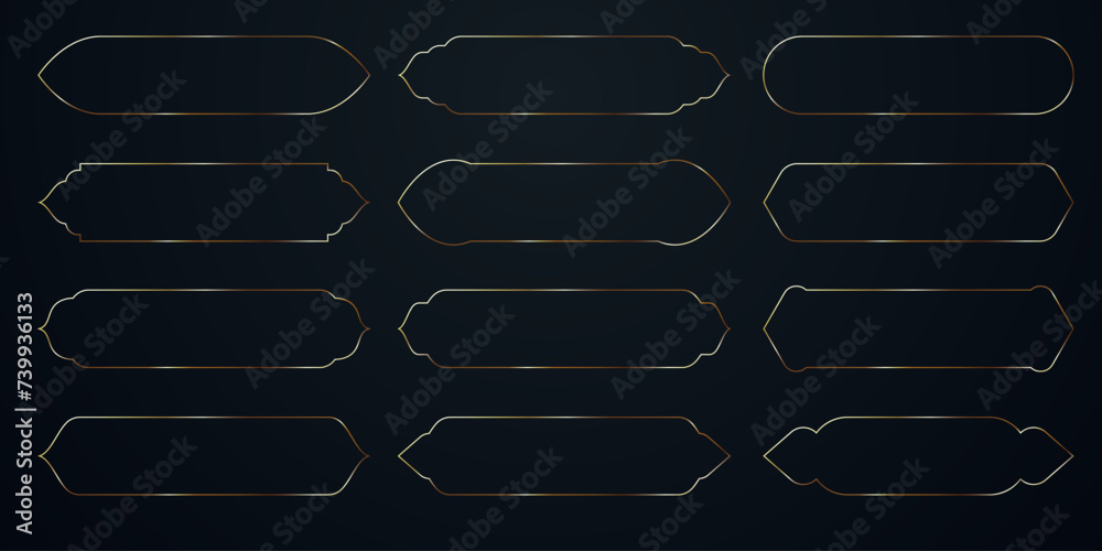 Luxury golden border frame set on a dark background. Ramadan borders. Islamic elegant thin gold ...