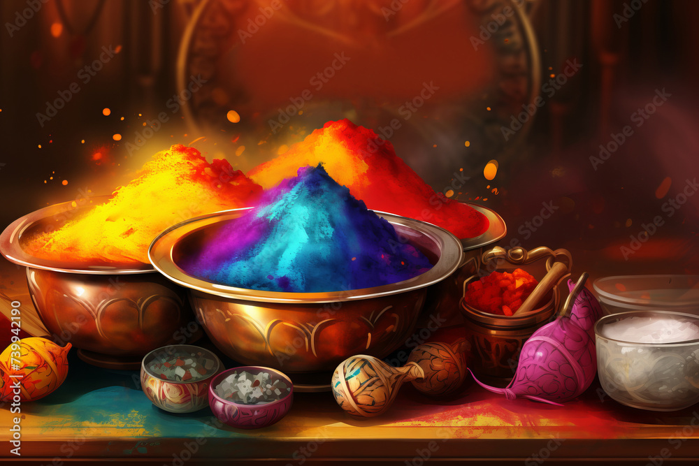 Scattering splashes of colorful bright powder on a dark background for ...