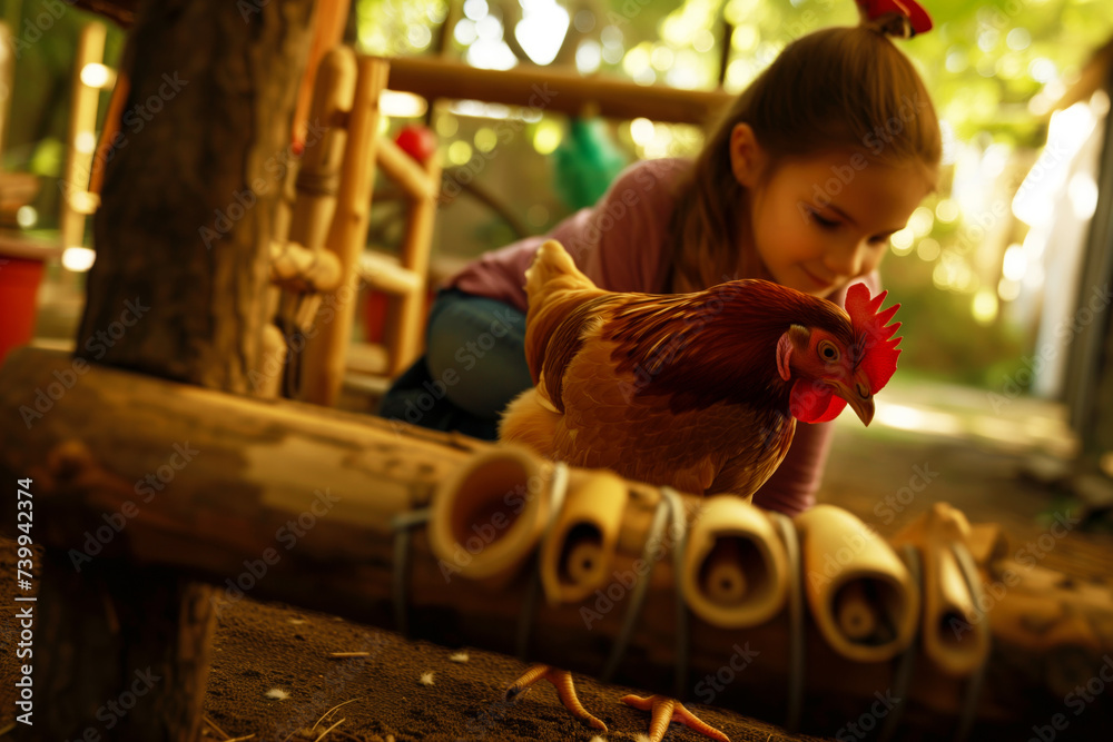 girl teaching chicken to walk through a homemade obstacle course Stock ...