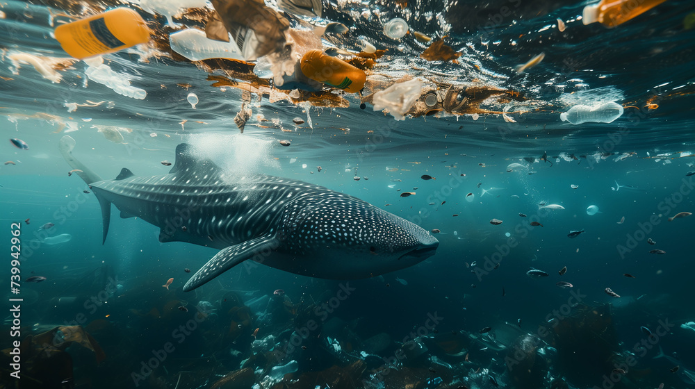 shark whale swimming in polluted ocean surrounded with trash and ...