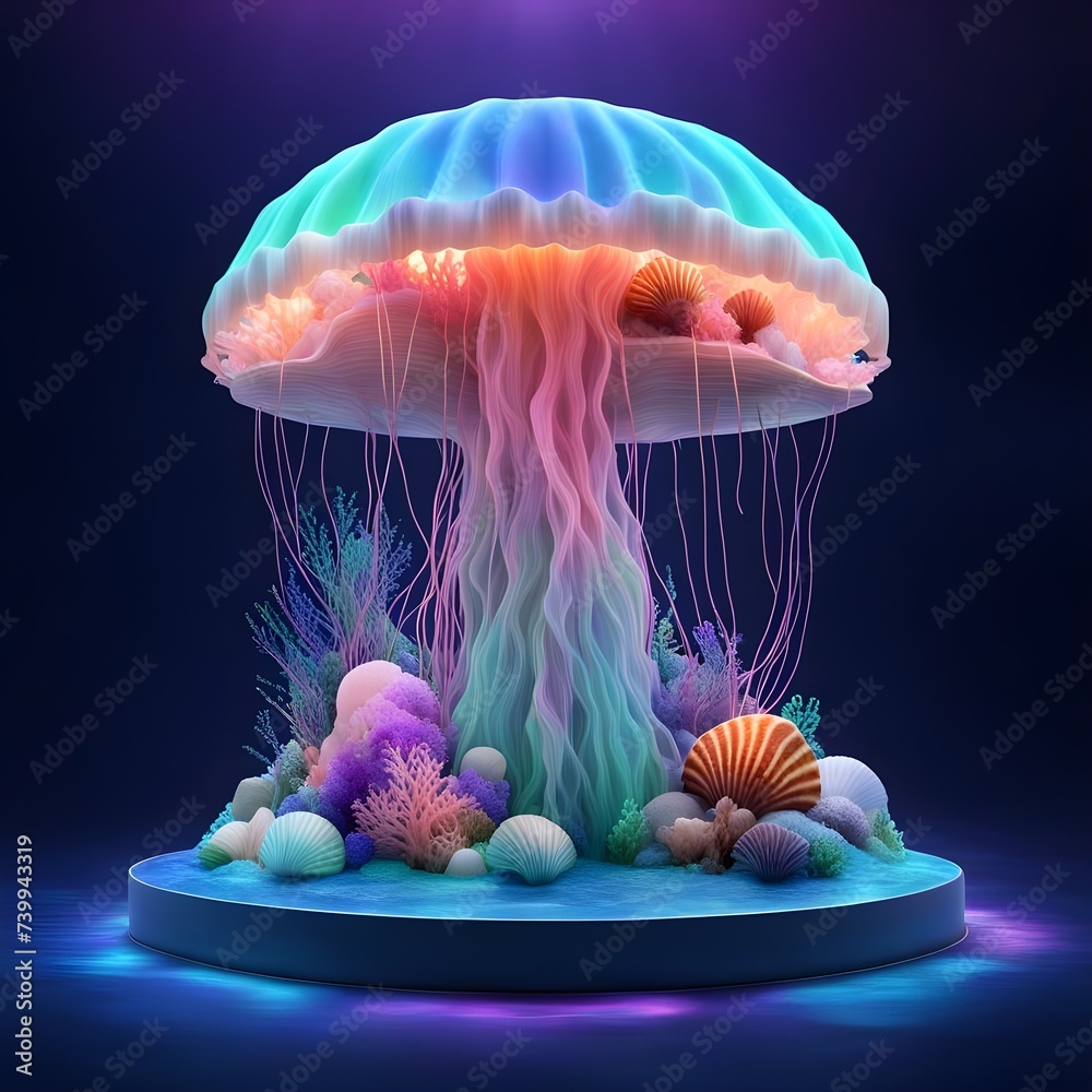 sea theme underwater blue color round empty 3D podium product display ...