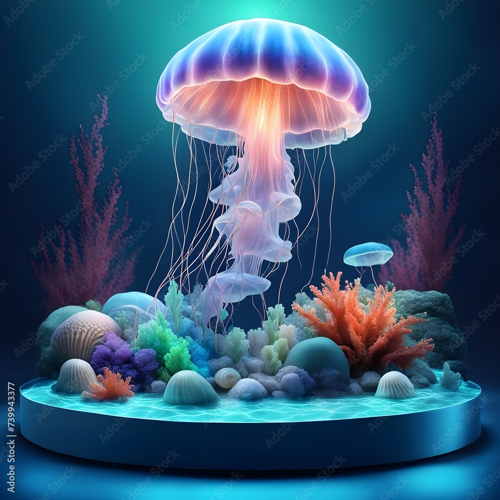 sea theme underwater blue color round empty 3D podium product display ...