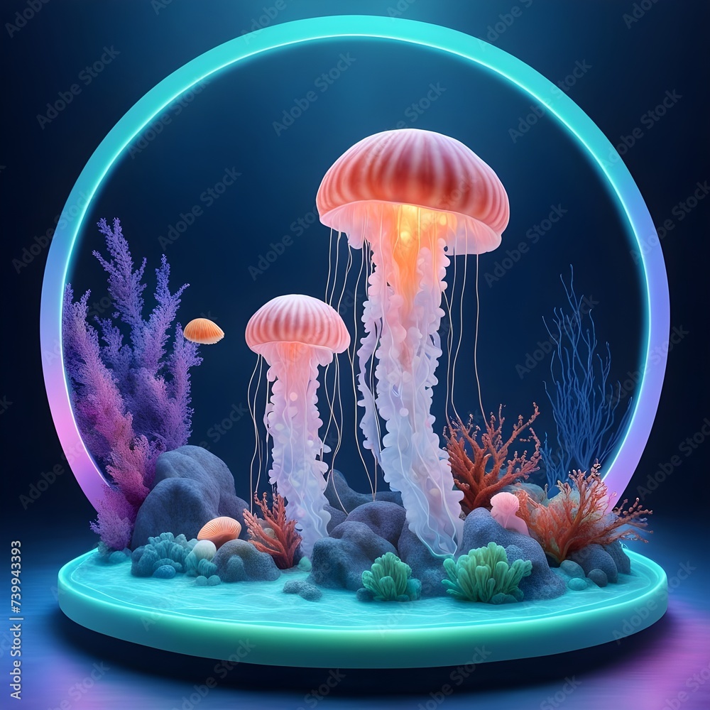 sea theme underwater blue color round empty 3D podium product display ...
