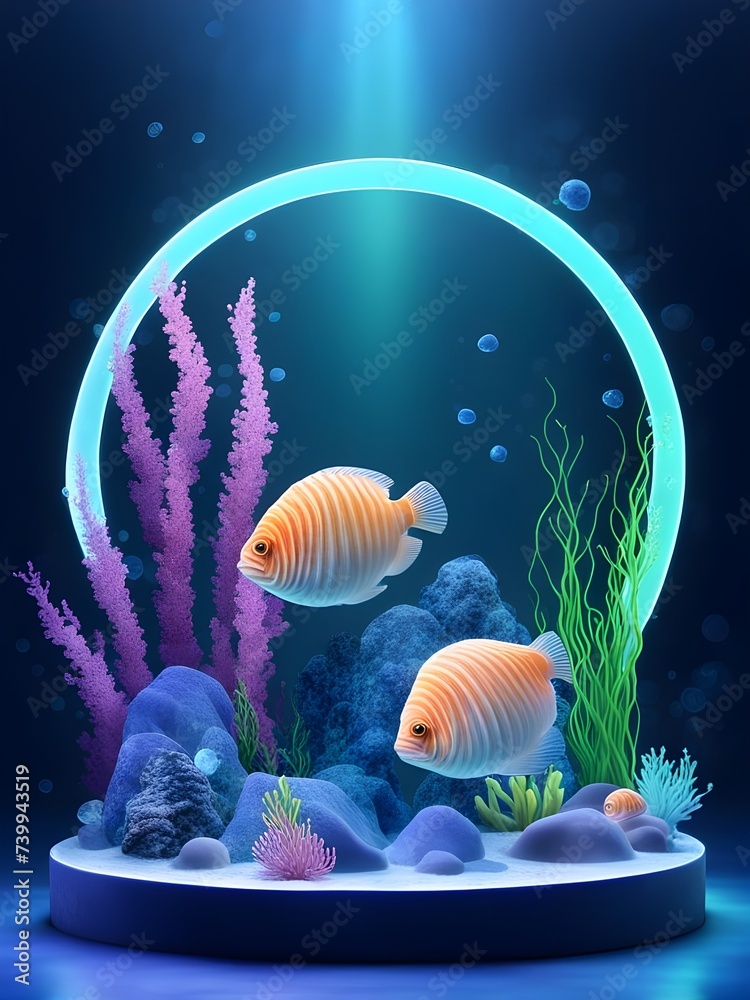 aquarium with fishes; sea theme underwater blue color round empty 3D ...