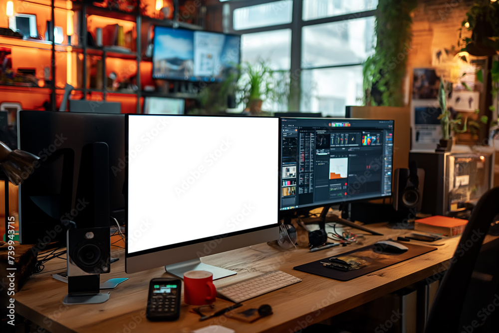 A dynamic and vibrant creative workstation with dual monitors, one displaying a blank screen ...