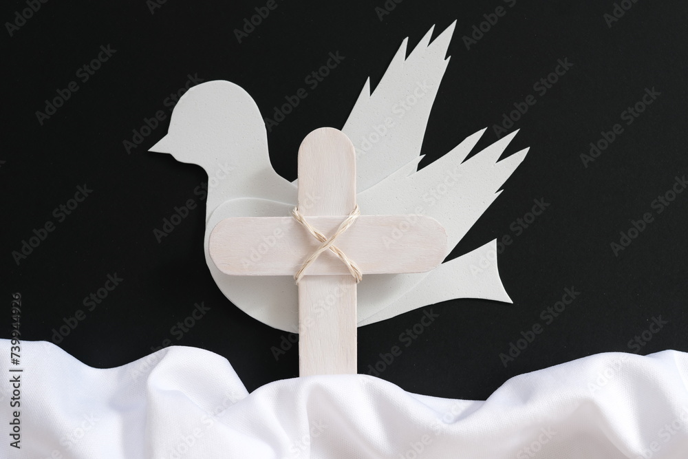 White wooden cross and fabric as symbol of heaven. Funeral and burial ...