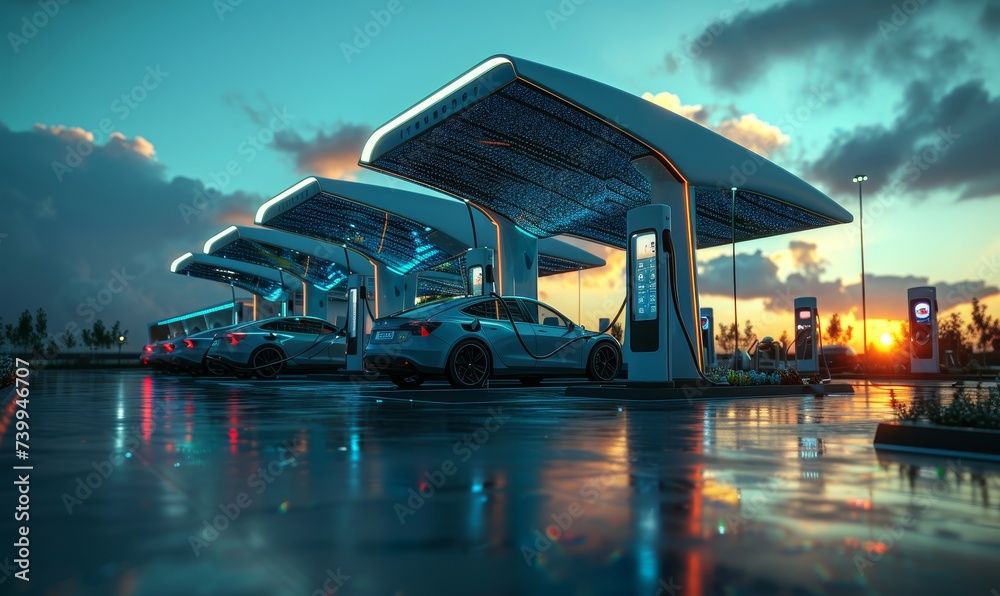futuristic electric vehicle charging station with multiple EVs ...
