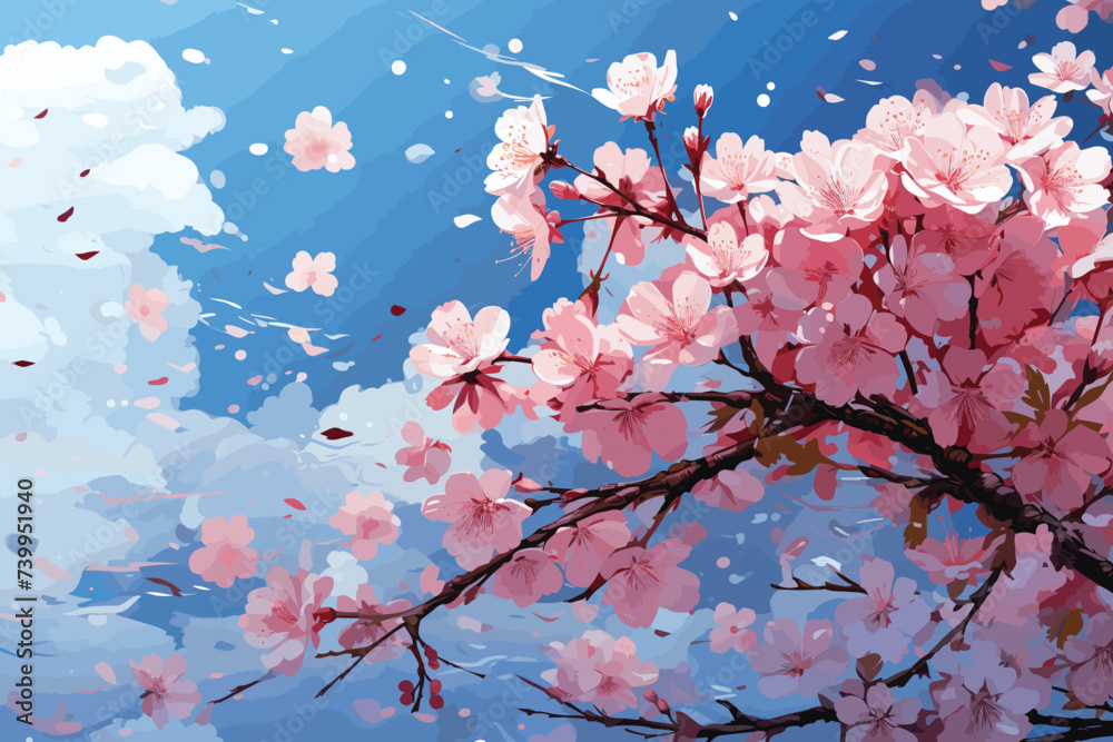 Pink sakura branch with petals falling against bright blue sky ...