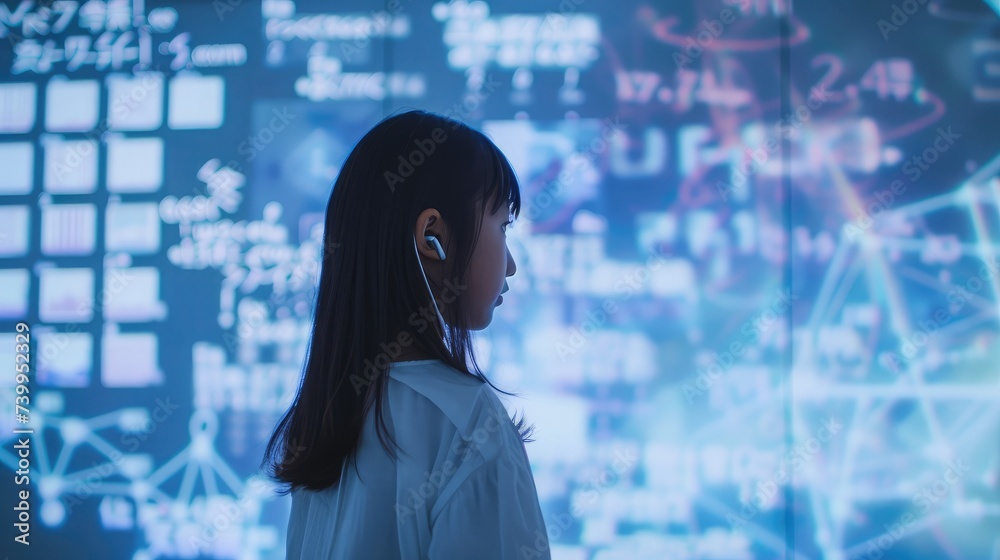 Homeschool Asian little young girl student learning virtual internet ...