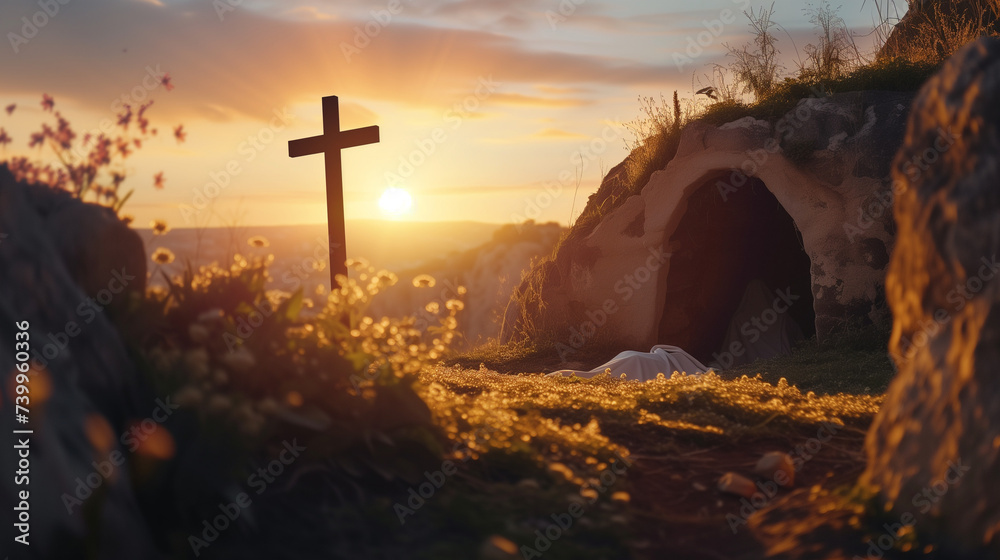 Easter Sunrise Empty Tomb, Shroud Cross Resurrection of Jesus Christ ...