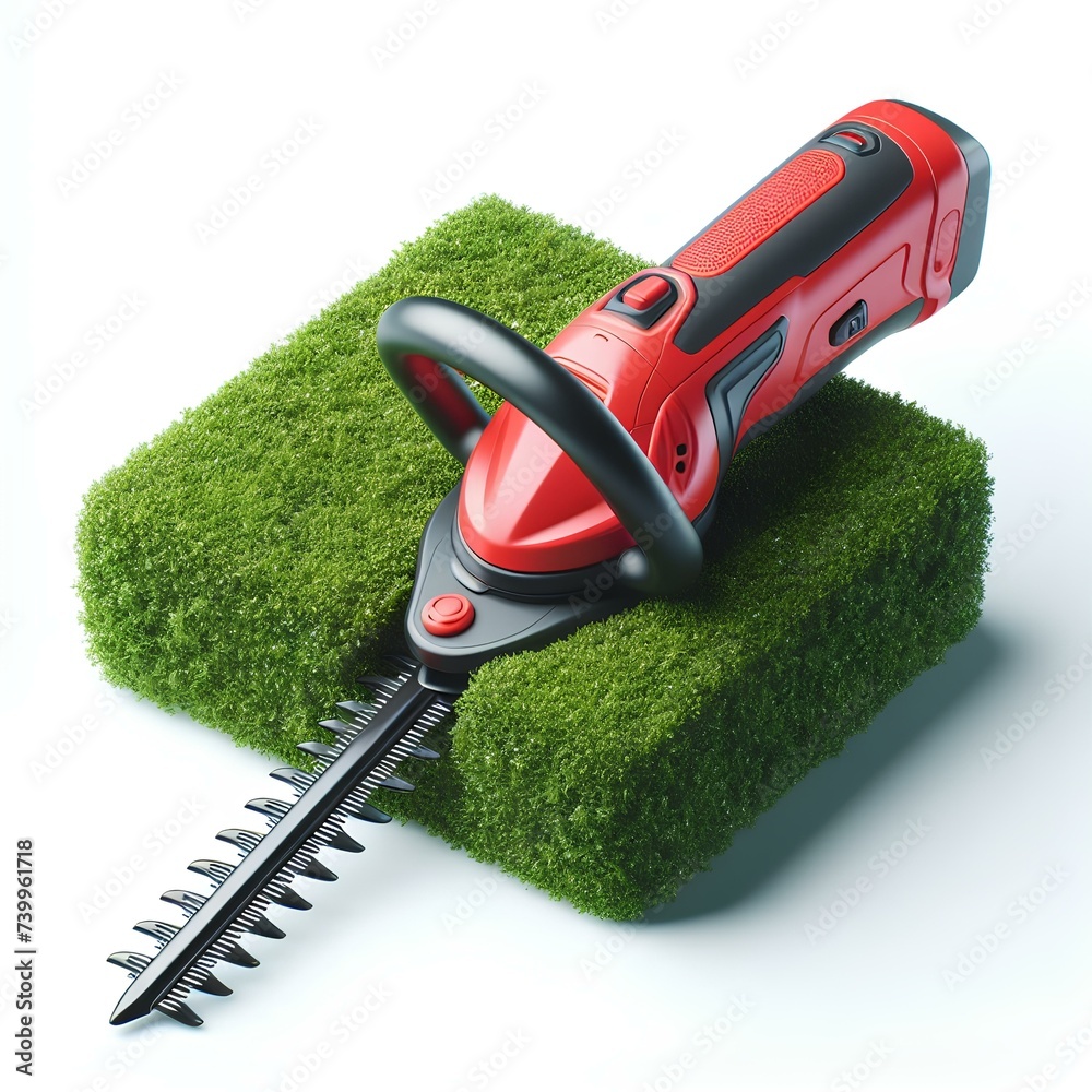 Cordless Hedge Trimmer Isolated on White Background. Red 20V Bush ...