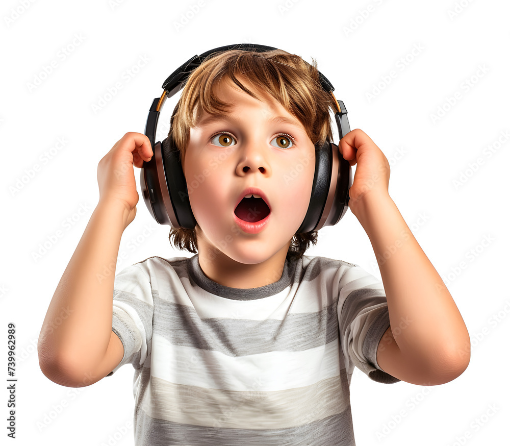 Shocking Little Boy in Headphones close-up, isolated on a white ...