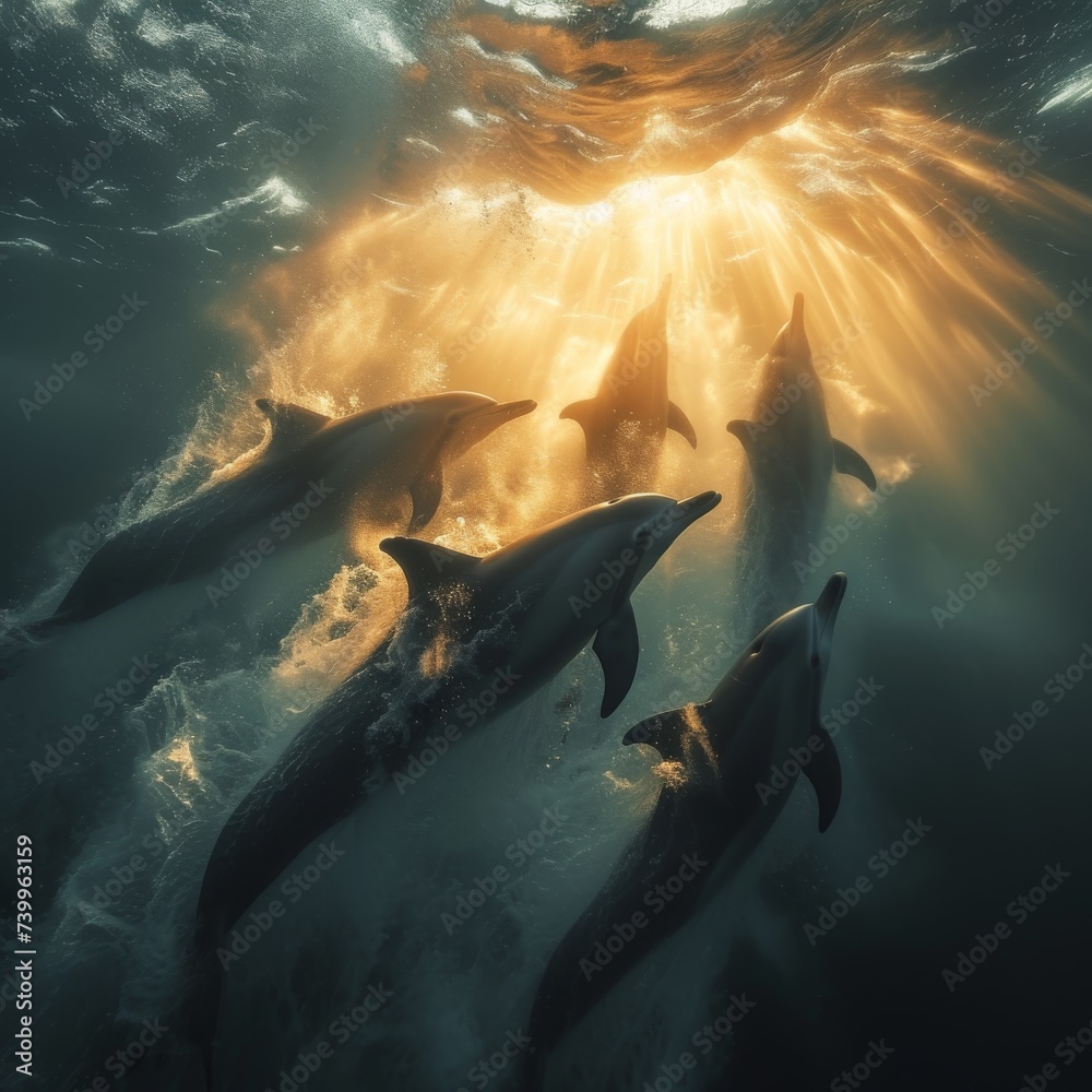 An underwater photograph of a playful pod of dolphins swimming ...