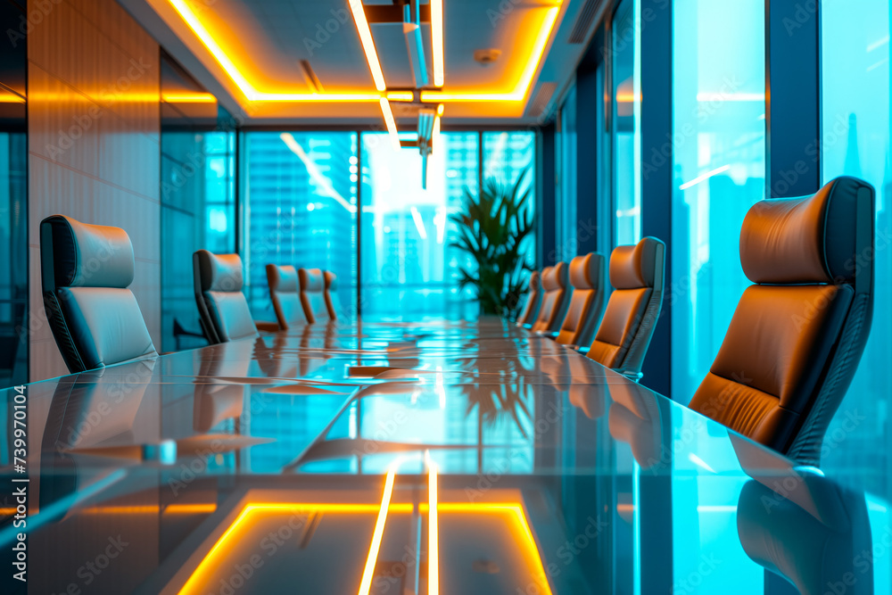 Modern Conference Room with Reflective Table and Neon Lights. Empty ...