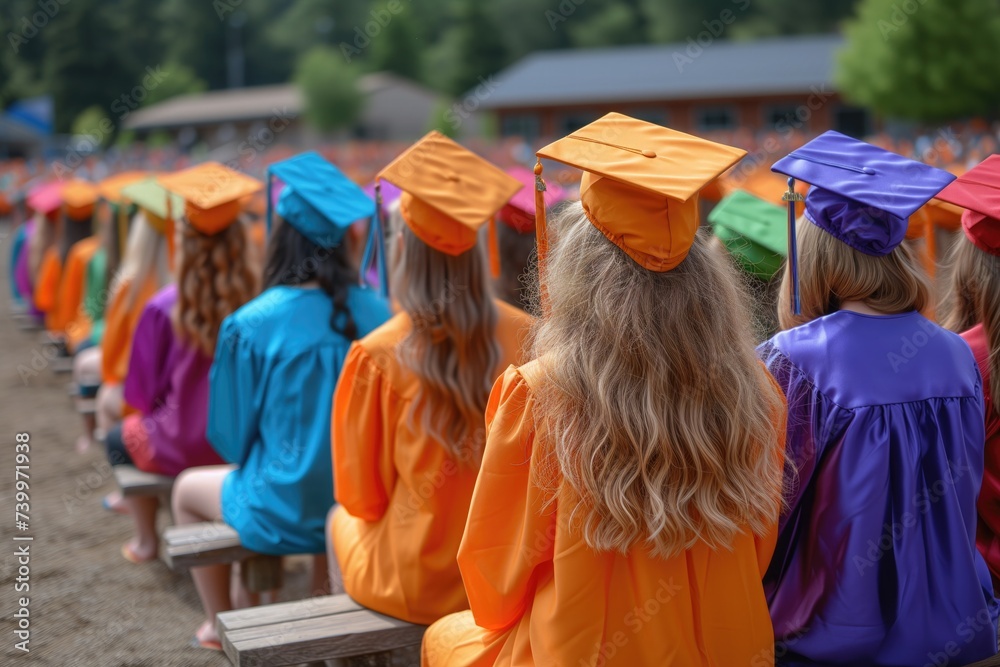 Students gather for an end-of-year celebration. They don graduation ...