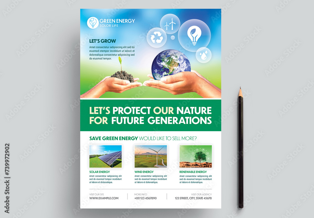 Green Energy Flyer Layout with Green Accents Stock Template | Adobe Stock