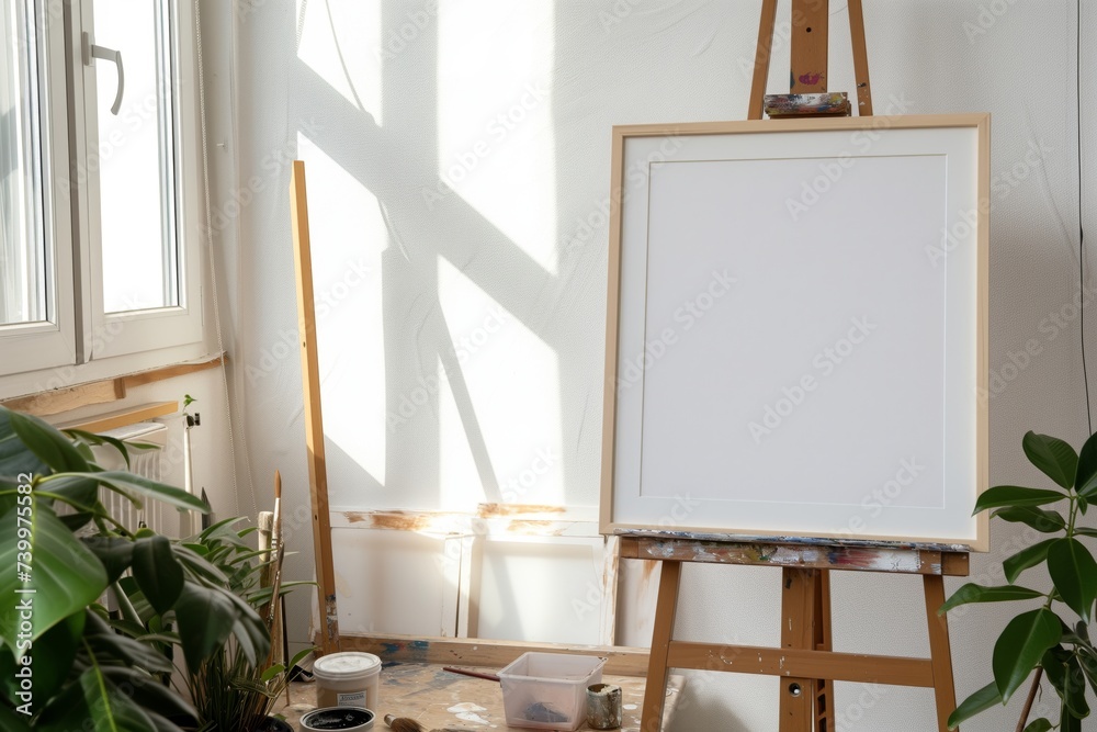 empty frame propped up on an artists easel in a bright studio corner ...