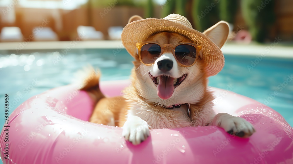 Hello Summer. Super cute corgi dog wearing straw hat and swimming in the pool. Ai generated ...