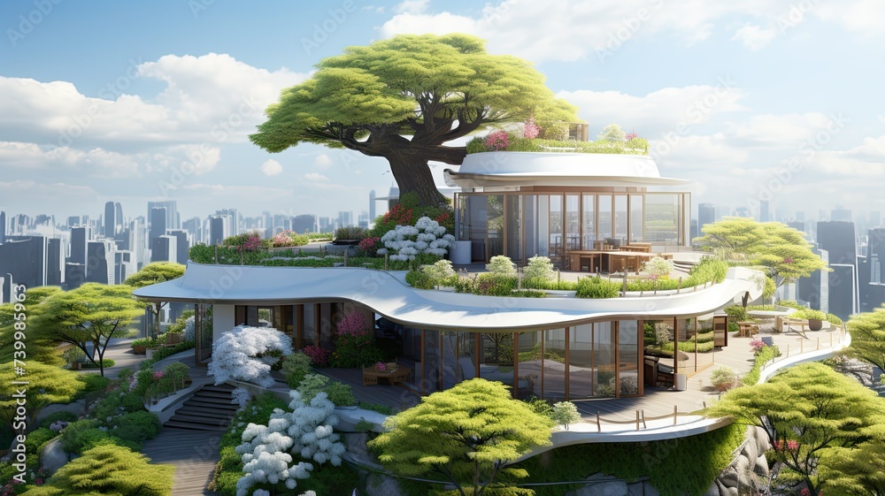 two story minmalist fantasy house with rooftop modern home full of tree ...