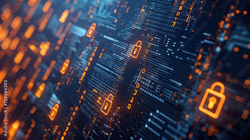 Padlock icon within a complex interface of cyber security network lines ...