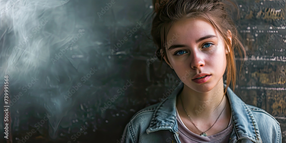 portrait of a sad young girl, copy space, brick wall in background SAD ...