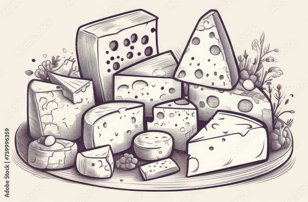 illustration drawn with a pencil.black and white variation cheeses ...