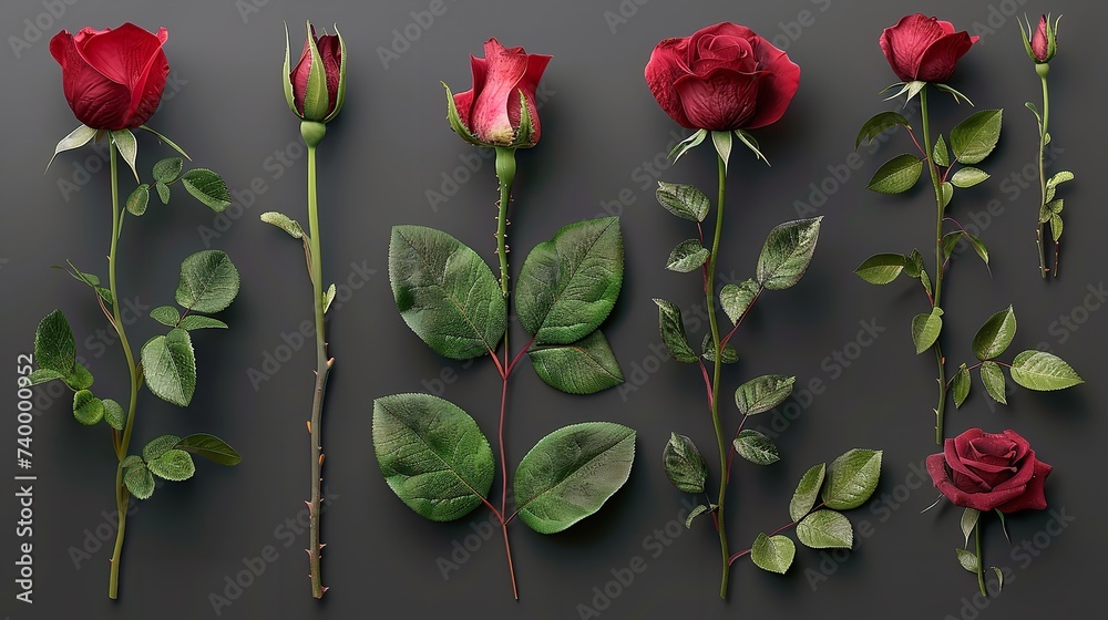 Different Parts of Red Rose Flower with Green Leaves - Botanical ...