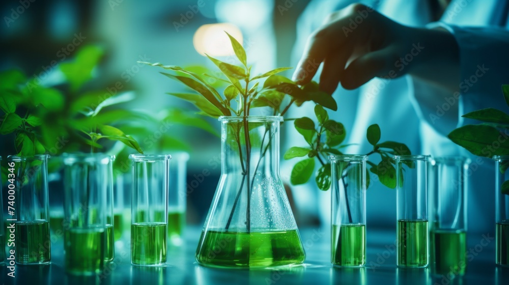 A microbiologist scientist conducts an experiment with medicinal plants ...