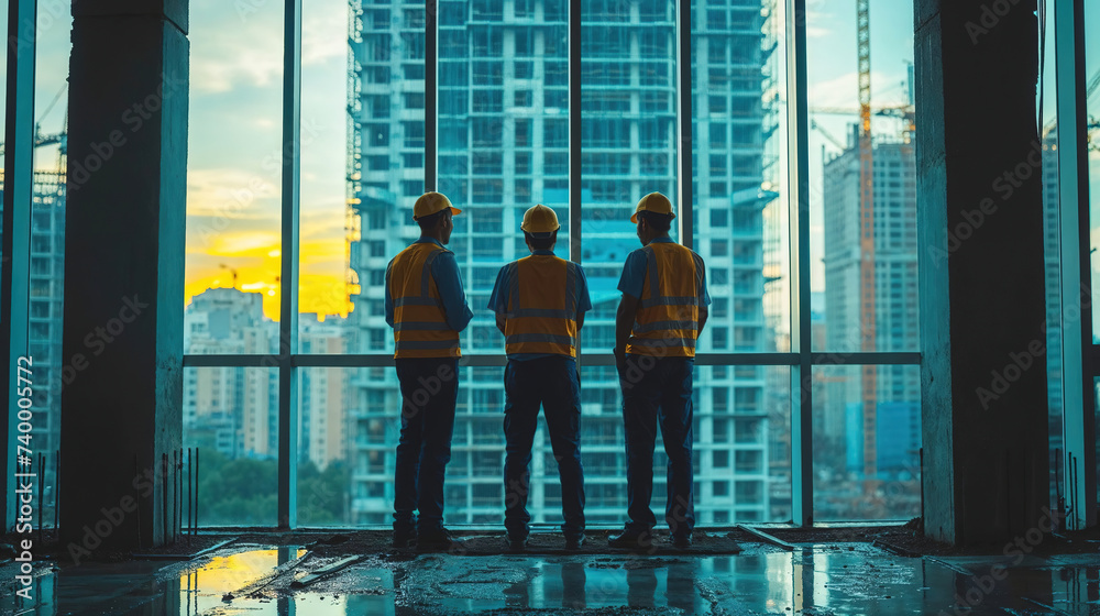 Generative AI illustration of three anonymous construction workers ...