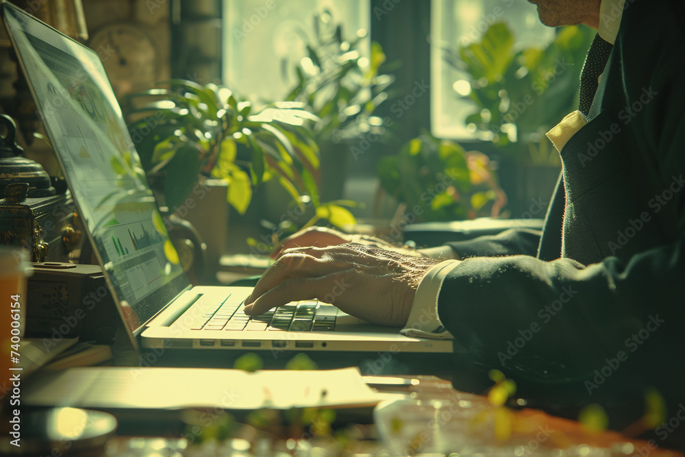 Businessman's hands working on finance, laptop computer with graphic ...