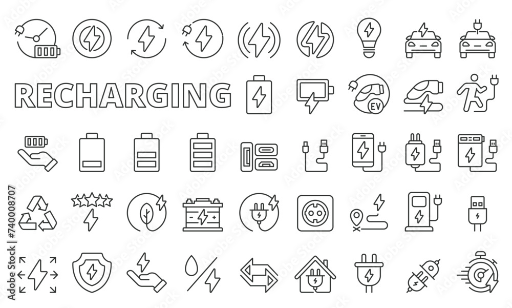 Recharging icons in line design. Recharging, battery, icon, charger ...