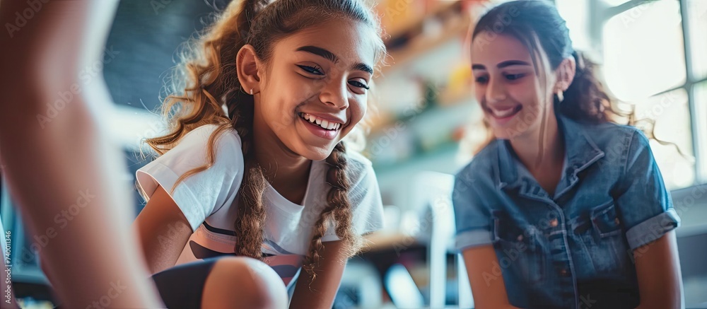 In this photo, two young girls are joyfully smiling as they gaze at ...