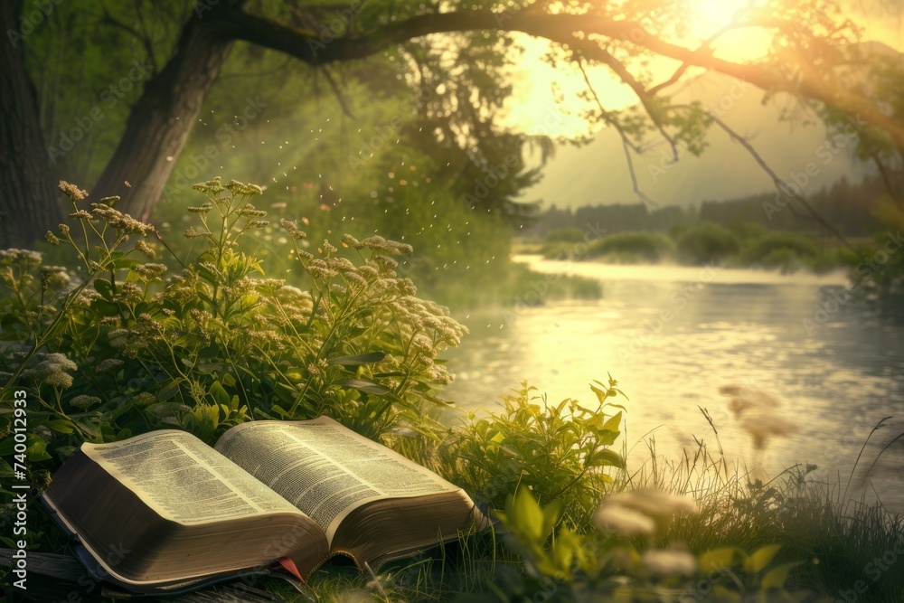 Imagining a serene landscape with a bible as its centerpiece Stock ...