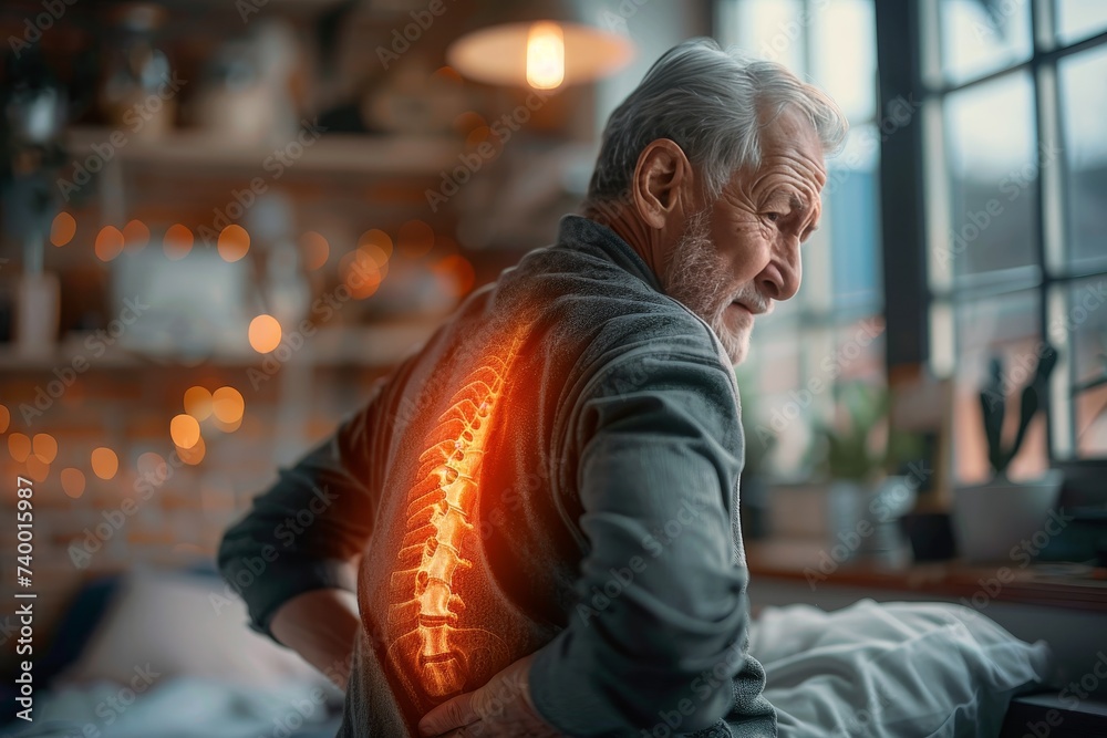 A weary factory worker struggles with the weight of his back pain as he ...