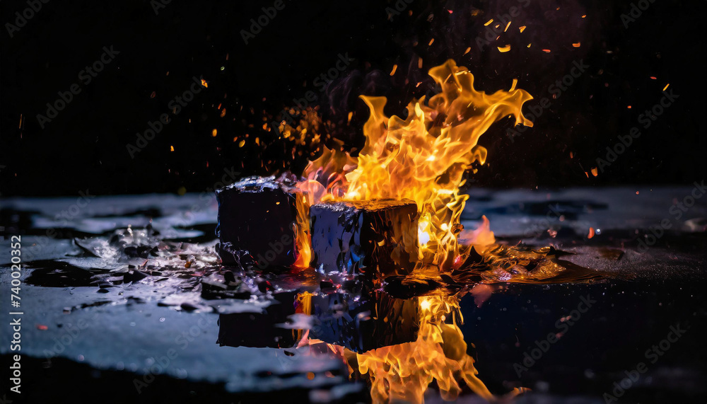 Burning ice cubes.Burst of fire explosion on a dark and black with ...