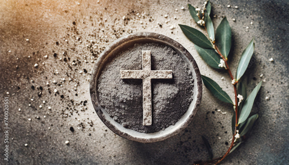 Christian cross and ash as symbol of religion, sacrifice, bowl with ...