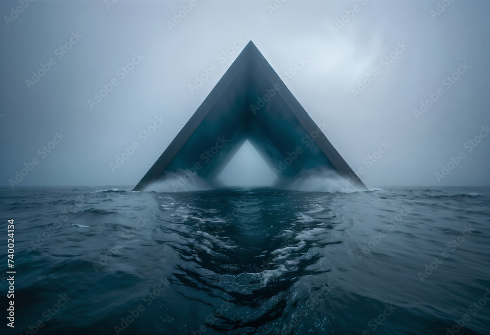 triangular structure is in the middle of the ocean, with water ...