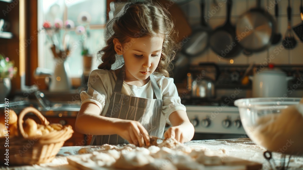 Young Girl Enjoying Baking Cookies in Kitchen. A young girl, immersed ...