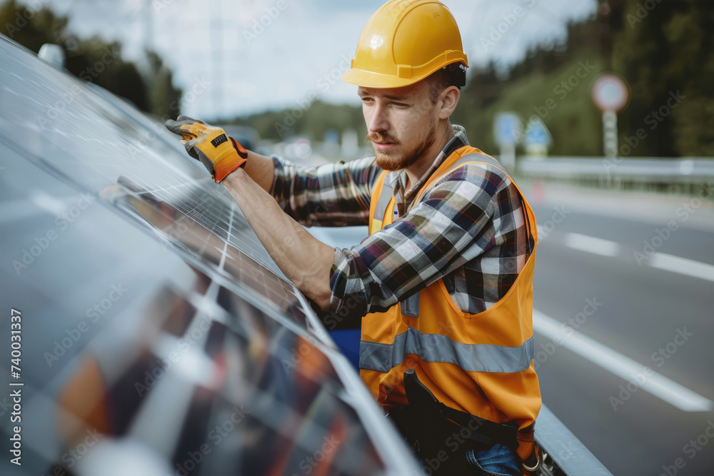 Installer wear coverall and helmet installs solar panel along the ...