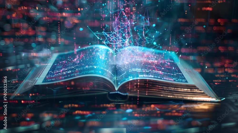 AI in Education. Digital book opening, with AI code and interactive ...