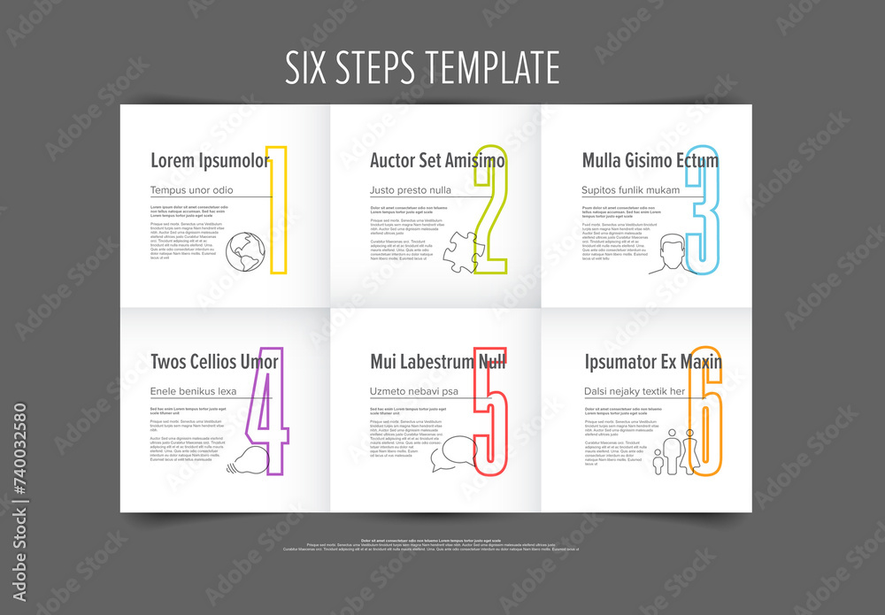Six white steps progress template with big color number icon and ...