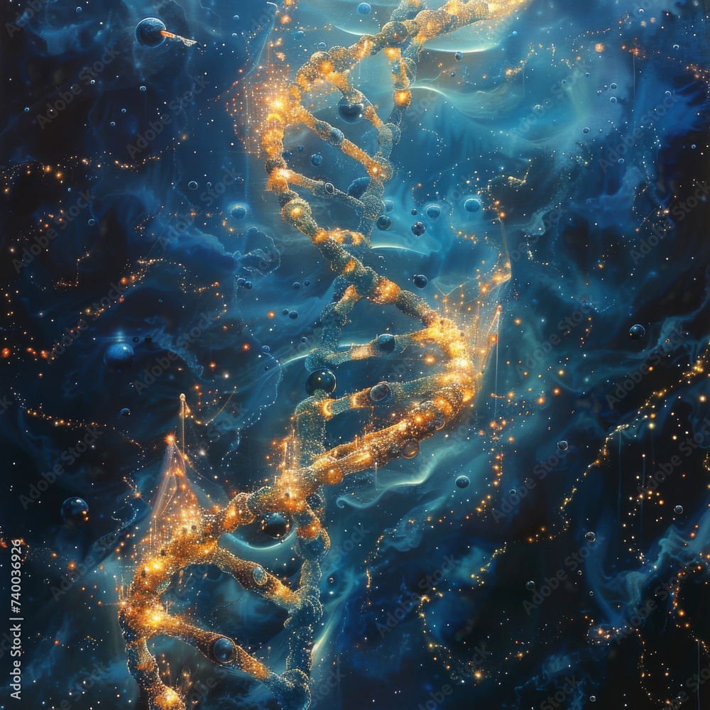 DNA helix intertwined with the glowing trails of comets symbolizing the ...