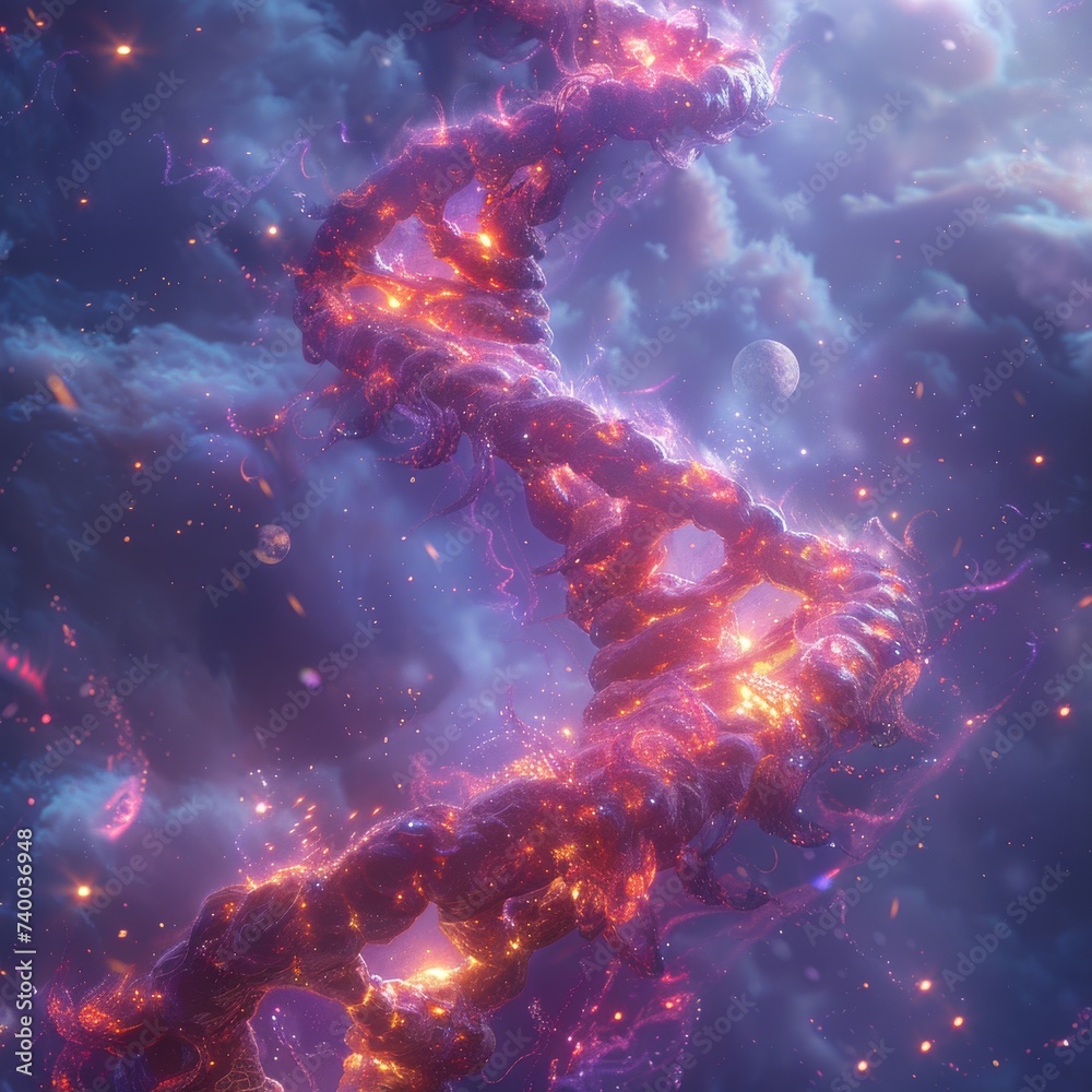 DNA helix intertwined with the glowing trails of comets symbolizing the ...
