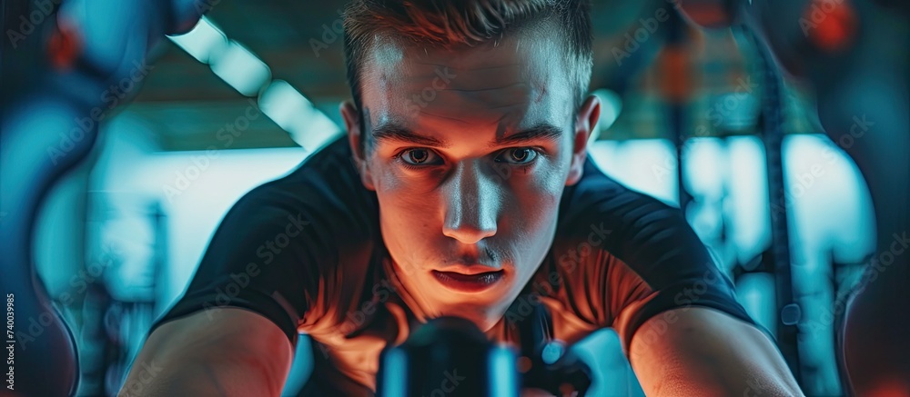 An athlete in a gym improving his reaction time by using a visual ...