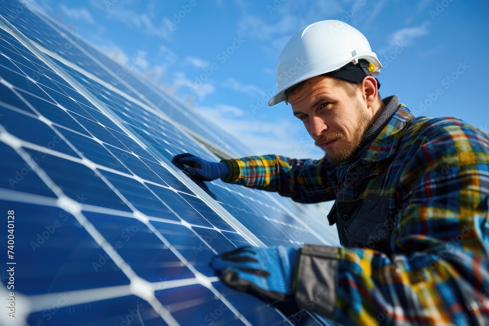 Installer wear coverall and helmet installs solar panel along the ...