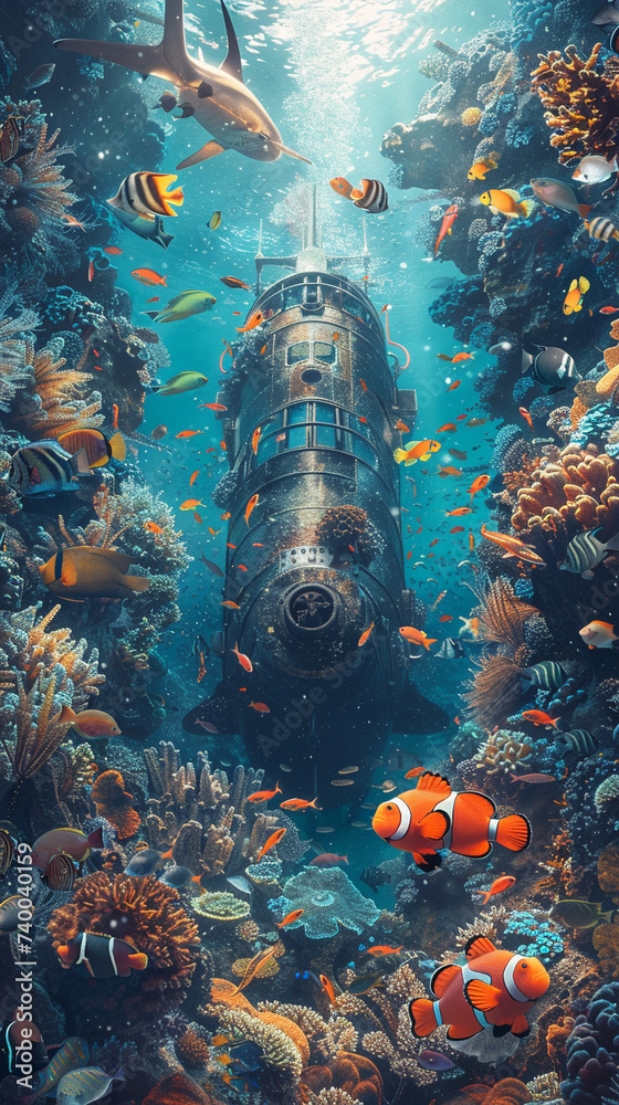 Adventurous animals in diving gear exploring a sunken submarine ...