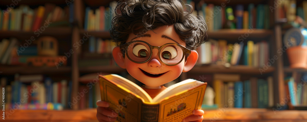An endearing cartoon character engrossed in a book brings a story to ...