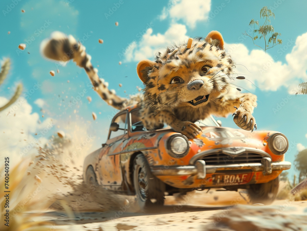 In a whimsical adventure an animal leaps over a speeding car driven by ...