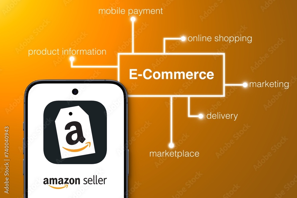Amazon Seller App Logo is shown on a modern smartphone, orange gradient ...