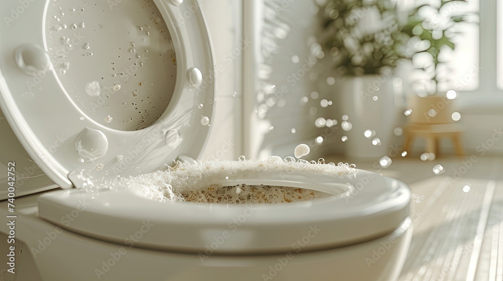 Clogged toilet, flood, a lot of water, clogged sewer system. Sewer ...